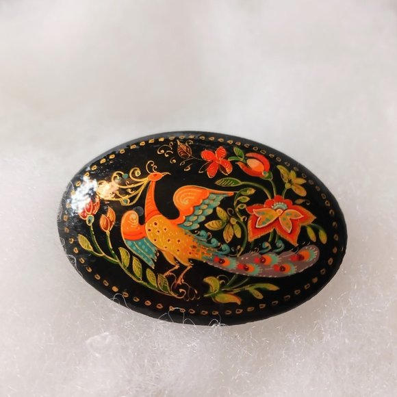 Vintage | Jewelry | Vintage Russian Handpainted Wooden Bird Brooch ...